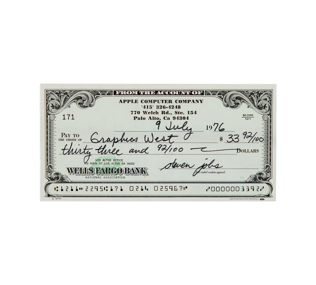 Signed Steve Jobs Check - Timeless.investments